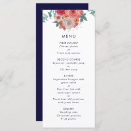 Wedding dinner menu red rose navy blue | Zazzle