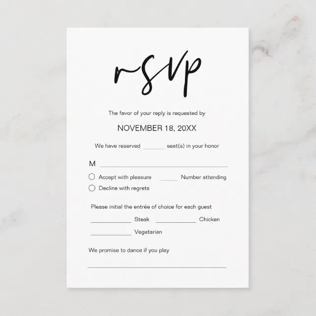 Wedding Dinner RSVP, meal options, song request Enclosure Card | Zazzle