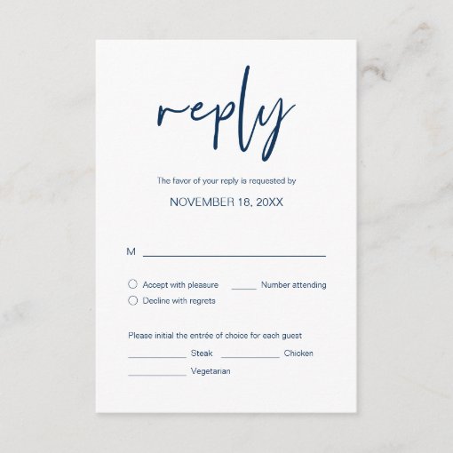 Wedding Dinner RSVP, with meal options, Navy Blue Enclosure Card | Zazzle