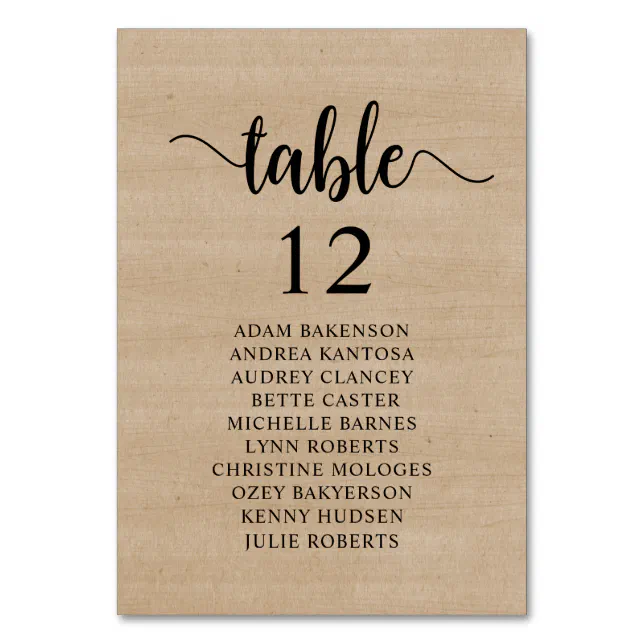 Wedding Dinner, Rustic Guests Seating Chart Table Number | Zazzle