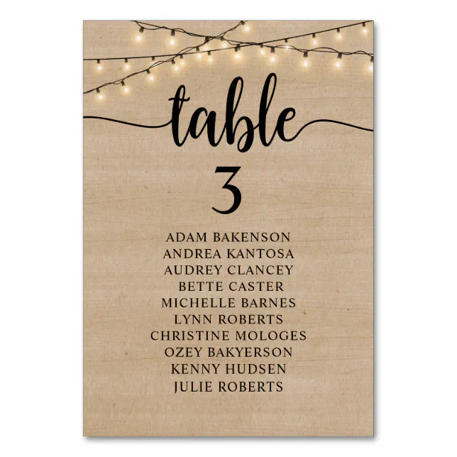 Wedding Dinner, Rustic Kraft, Guests Seating Chart Table Number | Zazzle