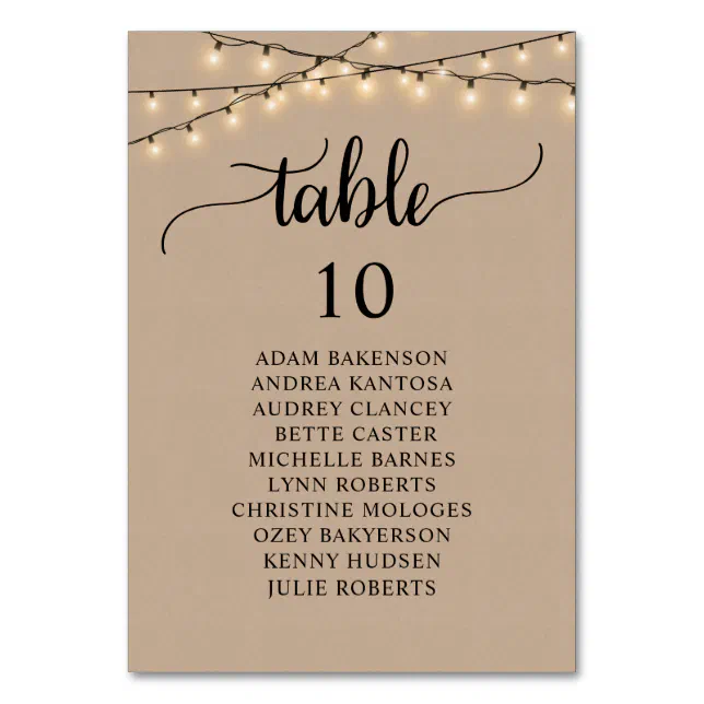 Wedding Dinner, Rustic Kraft Guests Seating Chart Table Number | Zazzle