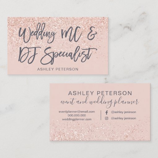 Wedding dj rose gold glitter gray blush pink business card | Zazzle