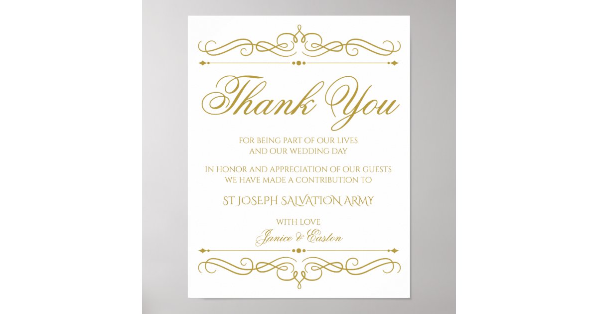 Wedding Donation Sign | Gold Swirl Calligraphy | Zazzle