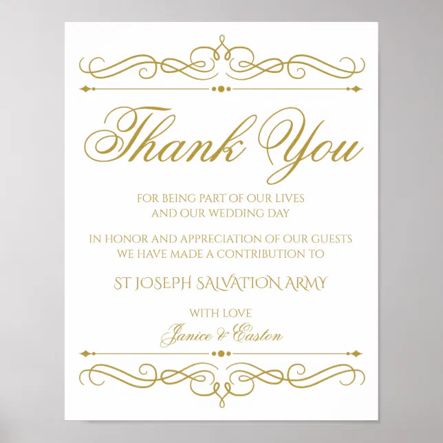 Wedding Donation Sign | Gold Swirl Calligraphy | Zazzle