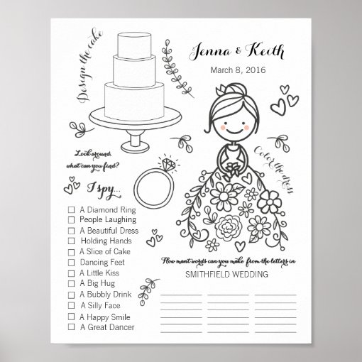 Wedding Download coloring activity page Poster | Zazzle