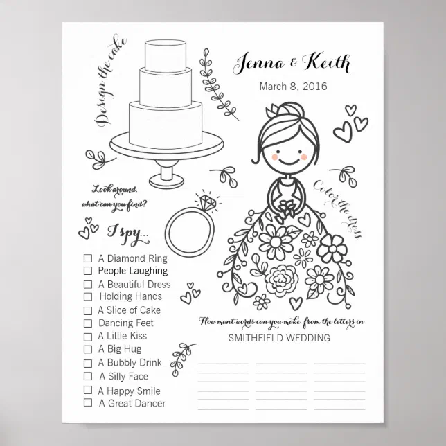 Wedding Download coloring activity page Poster | Zazzle