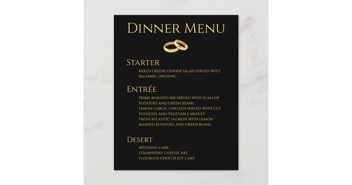 Wedding Drink & Dinner Menu- Black and Gold- | Zazzle