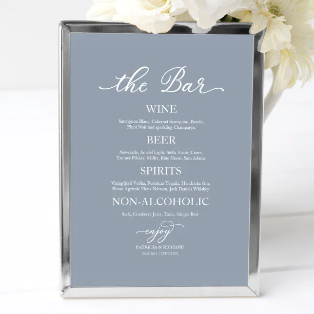 Wedding Drinks Bar Calligraphy Dusty Blue Sign | Zazzle