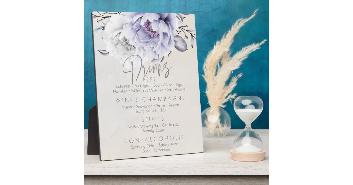 Wedding | Drinks Menu Rustic Lilac Peonies Plaque | Zazzle