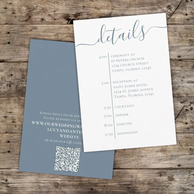 Wedding Dusty Blue Details QR Code Simple Timeline Enclosure Card | Zazzle
