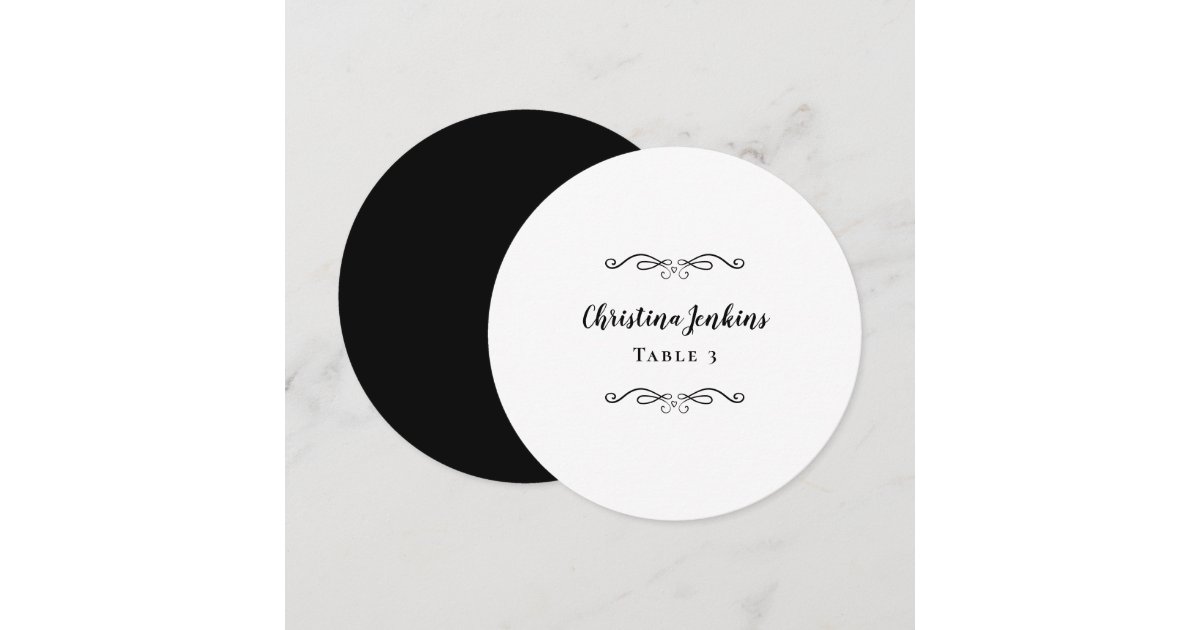 Wedding Elegant Black & White Round Place Card | Zazzle