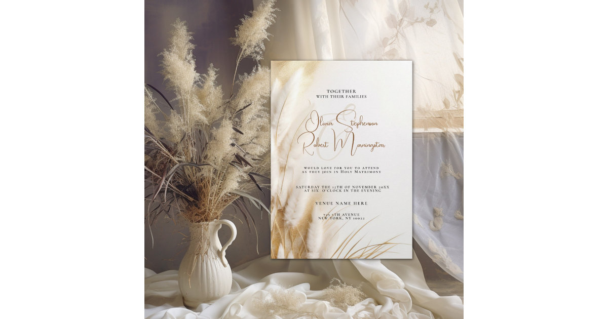 Wedding | Elegant Bohemian Floral Gold Pampas Invitation | Zazzle