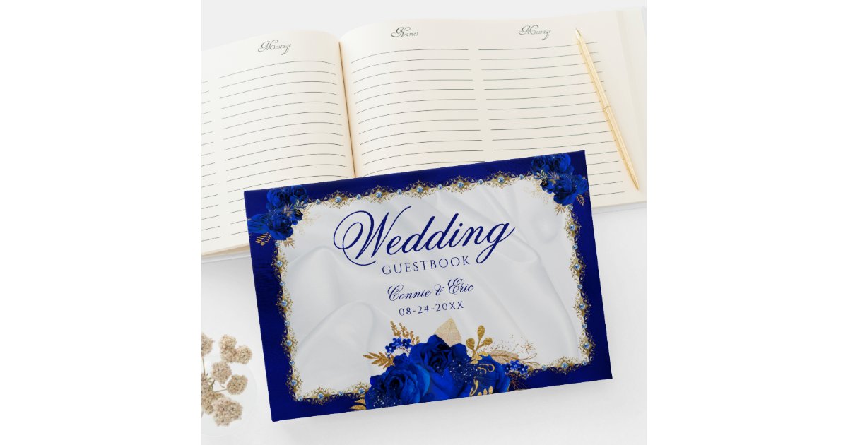 Wedding Elegant Floral Royal Blue White Gold Guest Book | Zazzle