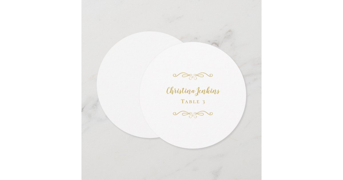 Wedding Elegant Gold & White Round Place Card | Zazzle