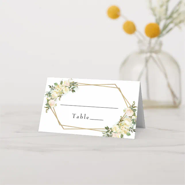 Wedding Elegant White Chic Rose Floral Gold Frame Place Card | Zazzle