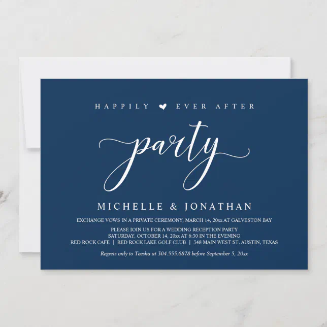 Wedding Elopement, Navy Blue, Reception Party Invi Invitation | Zazzle