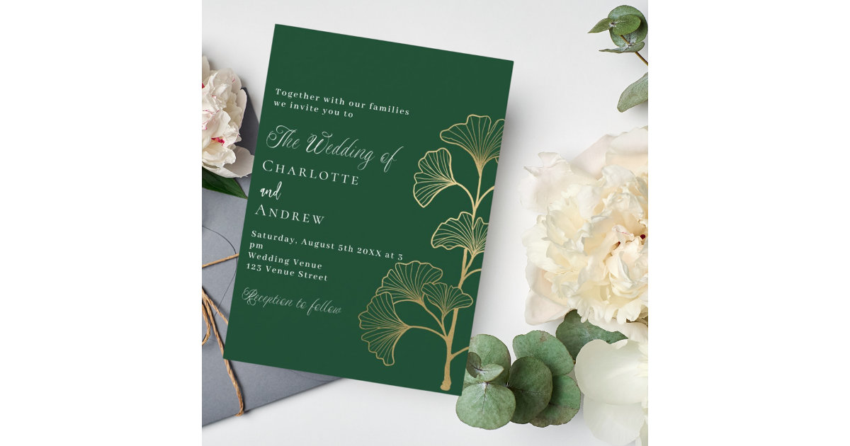 Wedding emerald green ginkgo greenery gold invitation | Zazzle