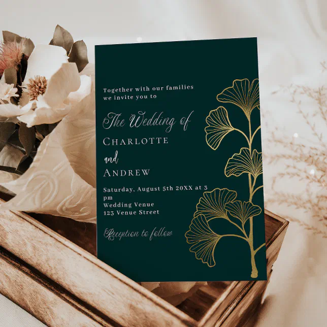 Wedding emerald green ginkgo greenery gold invitation | Zazzle
