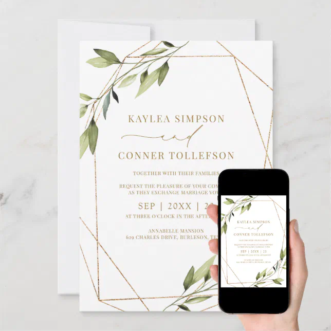 Wedding Ethereal Geometric Greenery Gold Vines Invitation | Zazzle