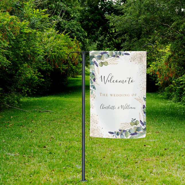 Wedding eucalyptus greenery elegant welcome garden flag | Zazzle