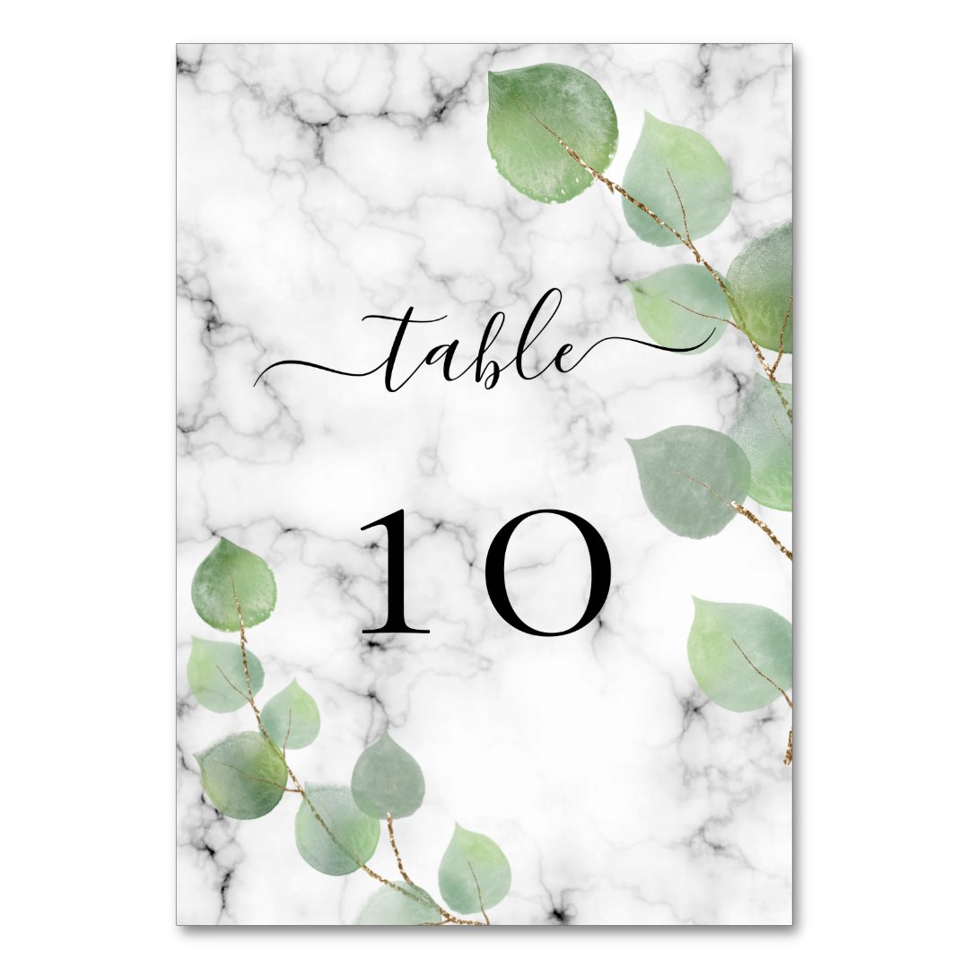 Wedding eucalyptus greenery marble elegant table number | Zazzle
