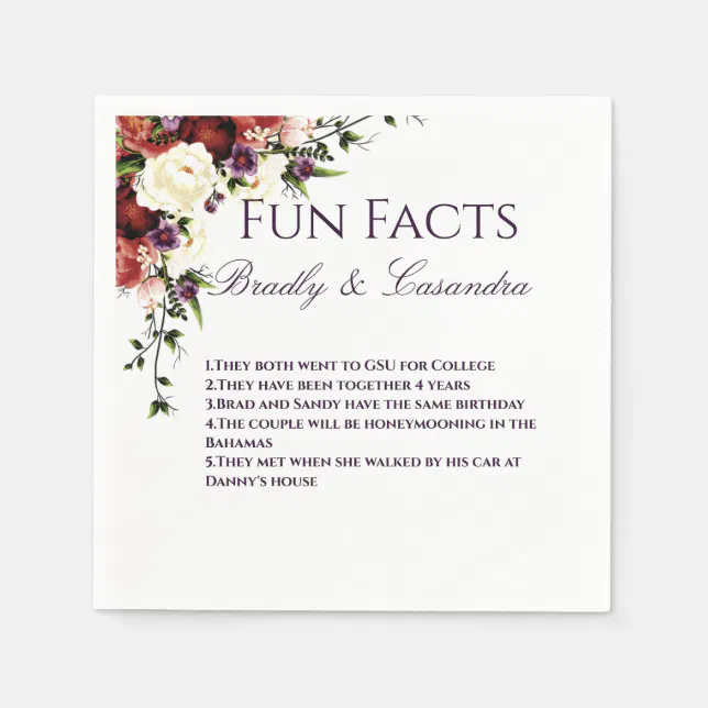 Wedding Fall Floral White Fun Facts Napkins | Zazzle
