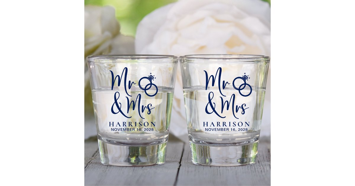 Wedding Favor Mr Mrs Navy Shot Glass | Zazzle