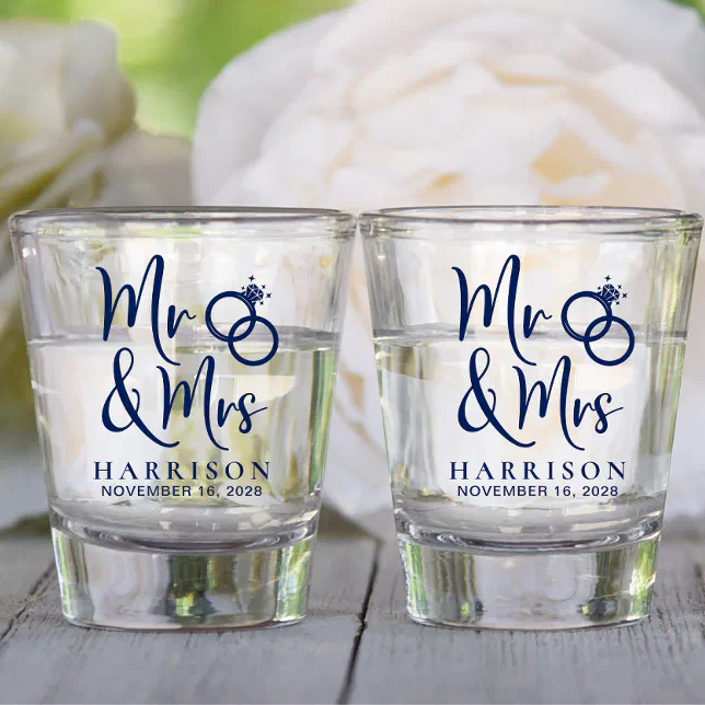 Wedding Favor Mr Mrs Navy Shot Glass | Zazzle