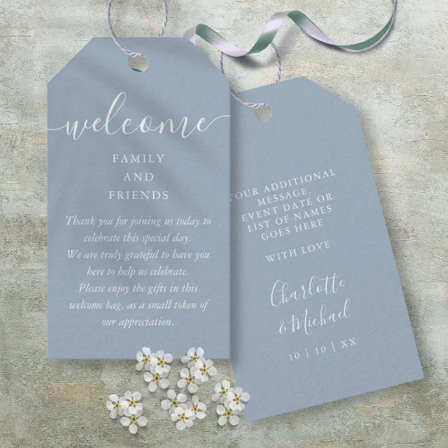 Wedding Favor Welcome Basket Bag Dusty Blue Gift Tags | Zazzle