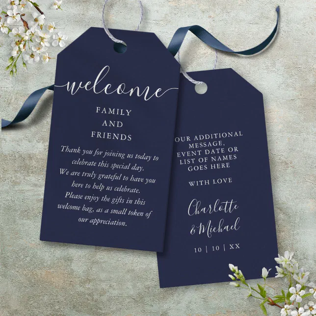 Wedding Favor Welcome Basket Bag Navy Blue Gift Tags | Zazzle