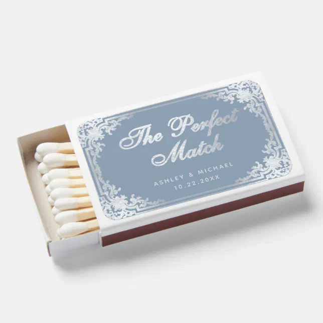 Wedding Favors Dusty Blue Faux Silver Foil Elegant Matchboxes | Zazzle