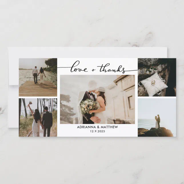 Wedding Five Photos Love and Thanks Script Thank You Card | Zazzle