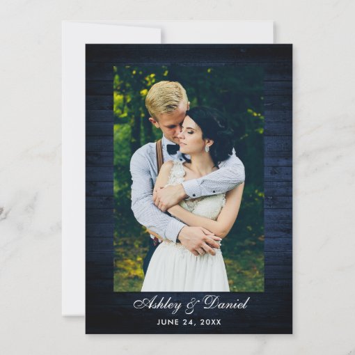 Wedding Floral Blue Wood Geometric Gold Photo Back Invitation | Zazzle
