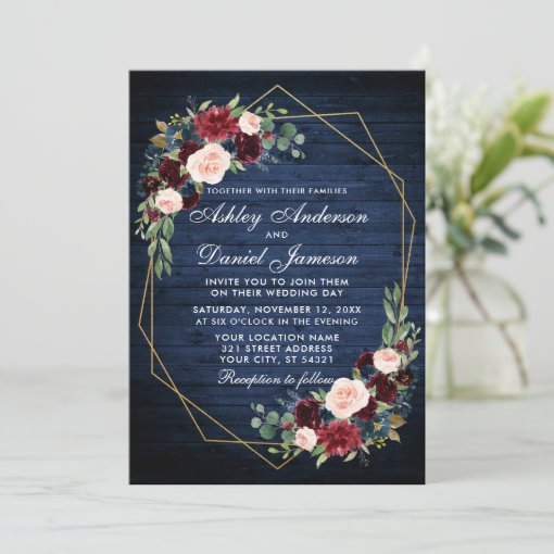 Wedding Floral Blue Wood Geometric Gold Photo Back Invitation | Zazzle