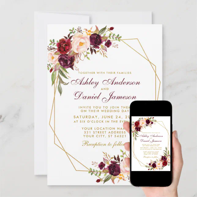 Wedding Floral Burgundy Geometric Gold Frame Invitation | Zazzle