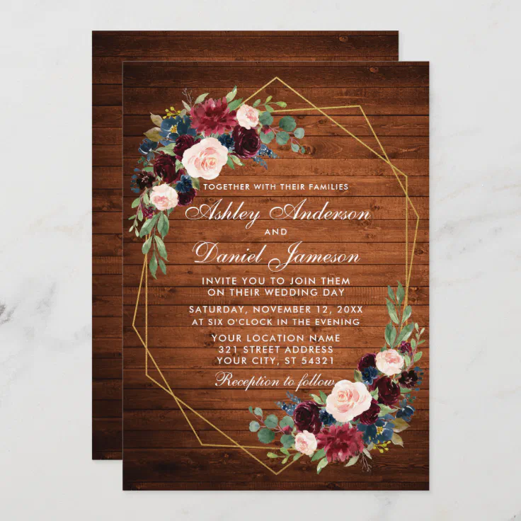 Wedding Floral Rustic Wood Geometric Gold Frame Invitation | Zazzle