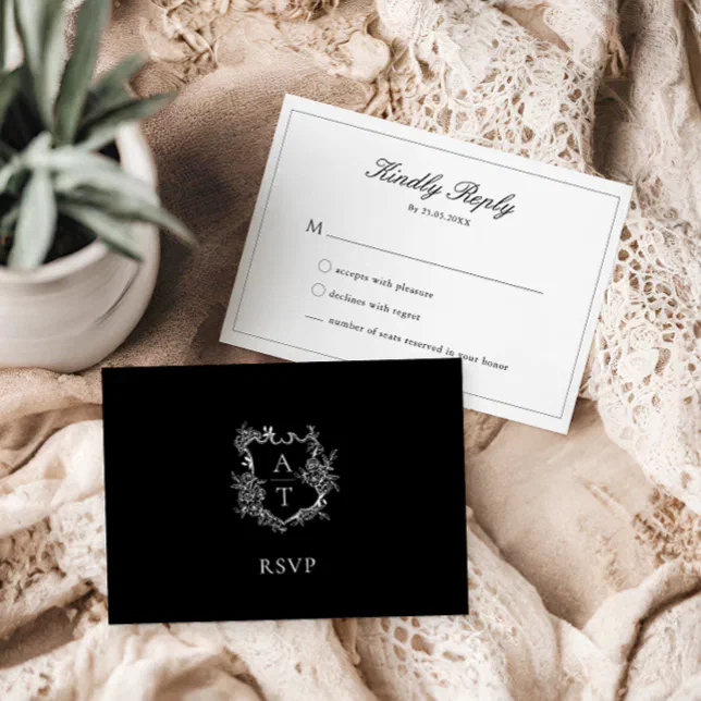 Wedding Formal Floral Crest Monogram RSVP Card | Zazzle