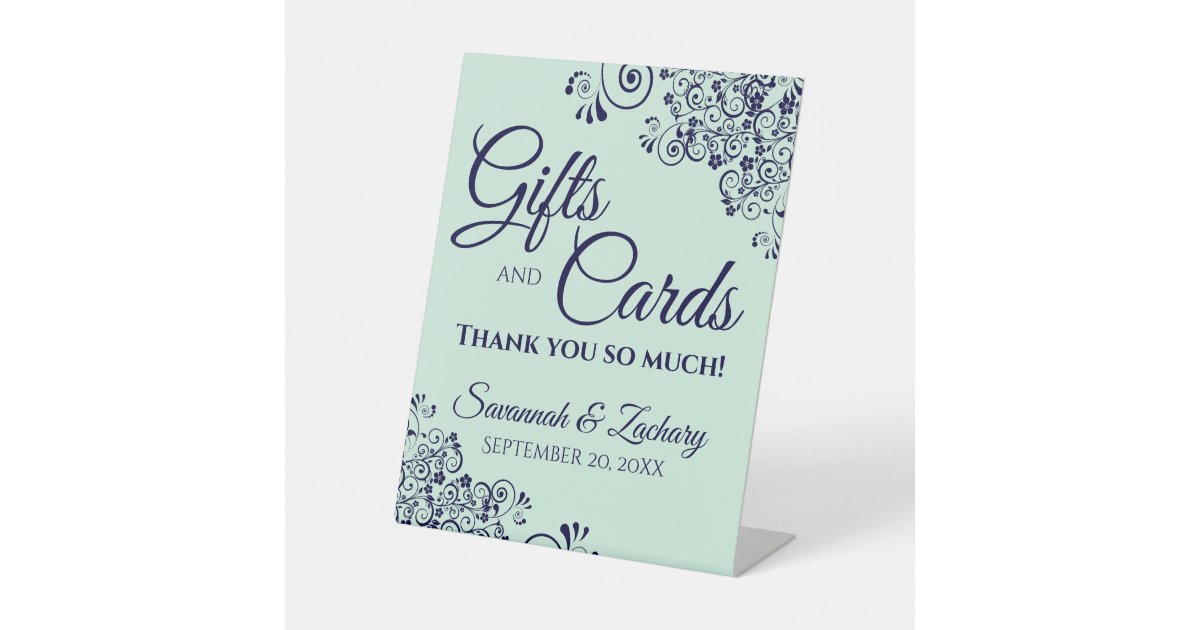 Wedding Gifts & Cards Lacy Mint Green & Navy Blue Pedestal Sign | Zazzle