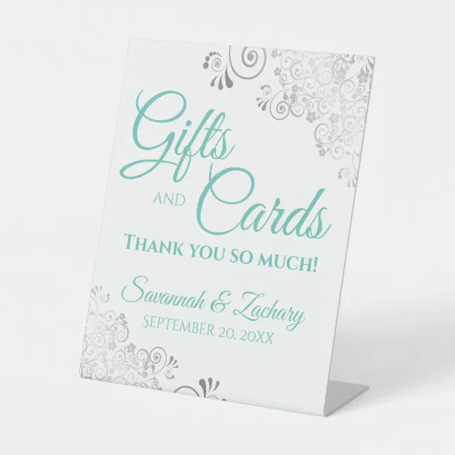Wedding Gifts & Cards Silver Frills & Aqua Teal Pedestal Sign | Zazzle