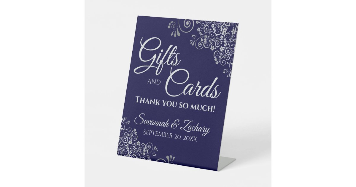 Wedding Gifts & Cards Silver Frills on Navy Blue Pedestal Sign | Zazzle