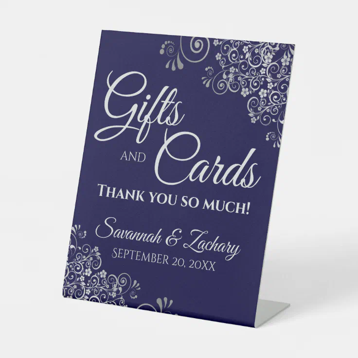 Wedding Gifts & Cards Silver Frills on Navy Blue Pedestal Sign | Zazzle