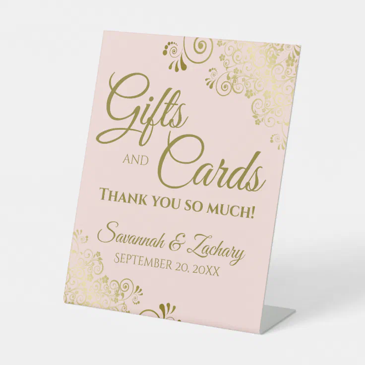Wedding Gifts & Cards Thank You Blush Pink & Gold Pedestal Sign | Zazzle