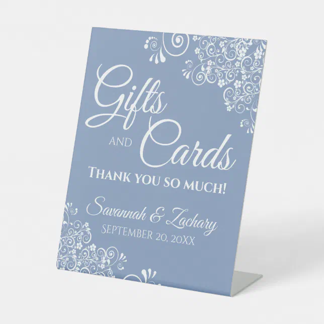 Wedding Gifts & Cards White Lace on Dusty Blue Pedestal Sign | Zazzle