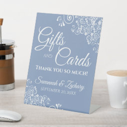 Wedding Gifts & Cards White Lace on Dusty Blue Pedestal Sign | Zazzle