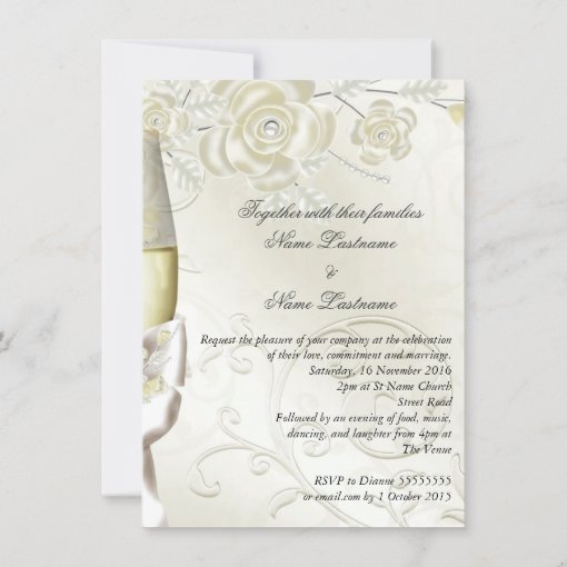 Wedding Gold Cream Pearl Floral Roses 2 Invitation | Zazzle