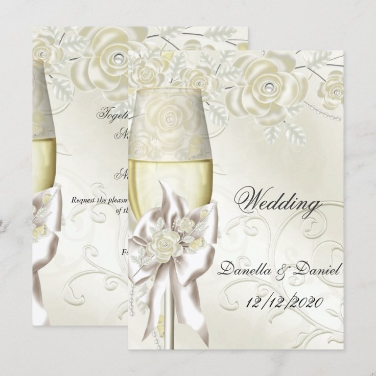 Wedding Gold Cream Pearl Floral Roses 2 Invitation | Zazzle