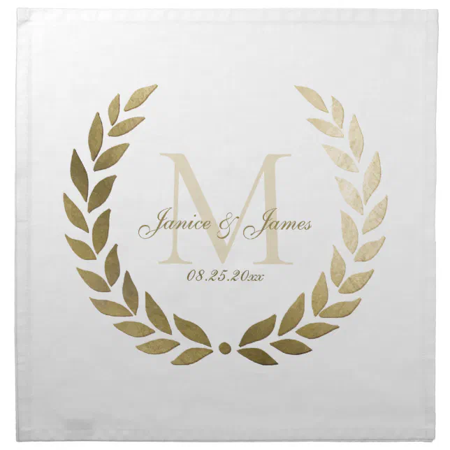 Wedding Gold Laurel Wreath Monogrammed White Cloth Napkin | Zazzle