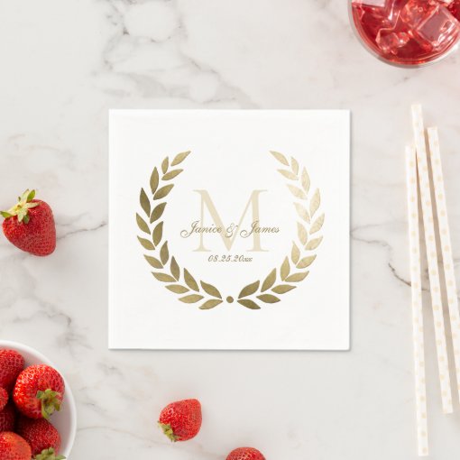 Wedding Gold Laurel Wreath Monogrammed White Napkins | Zazzle