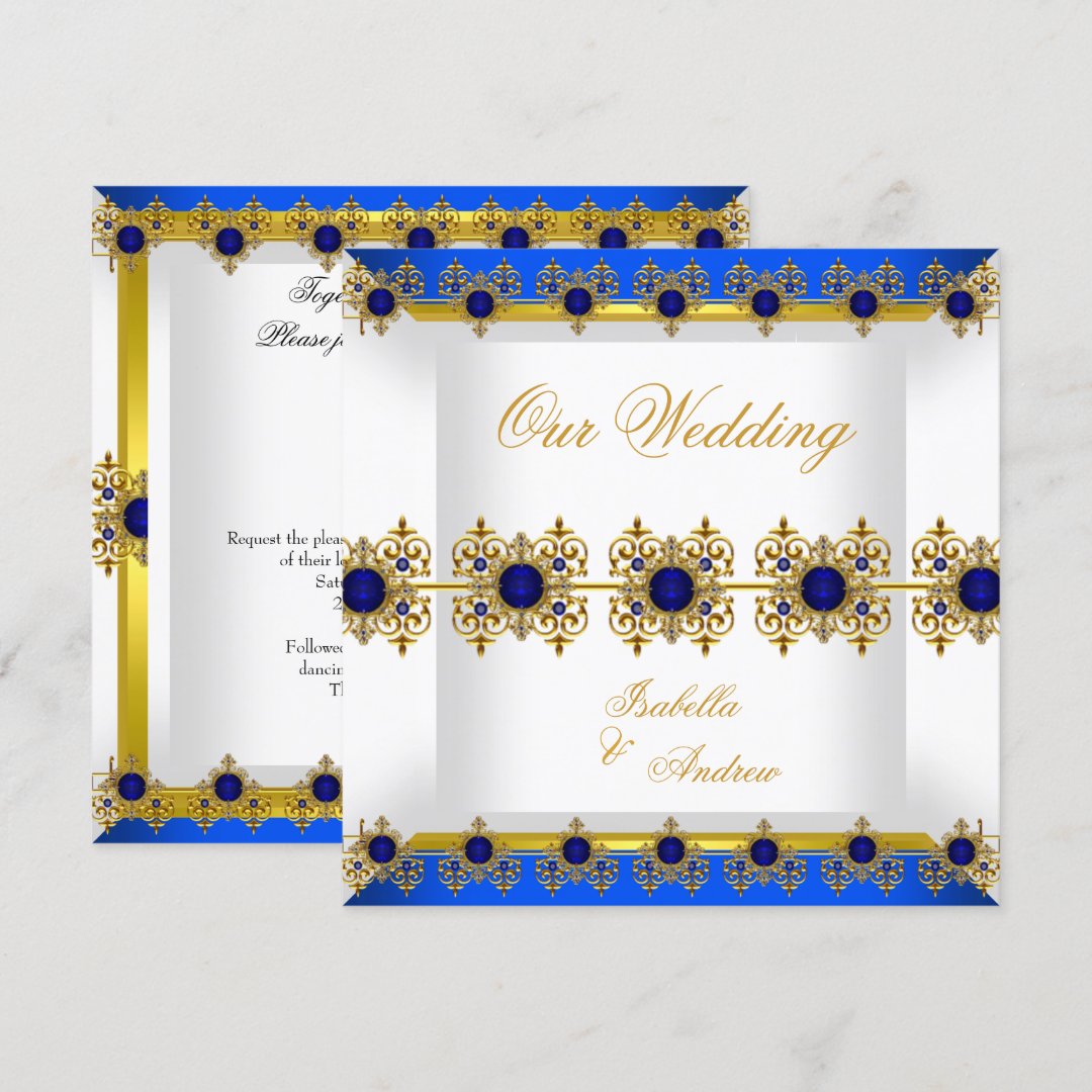 Wedding Gold Royal Blue Gem White Invitation | Zazzle